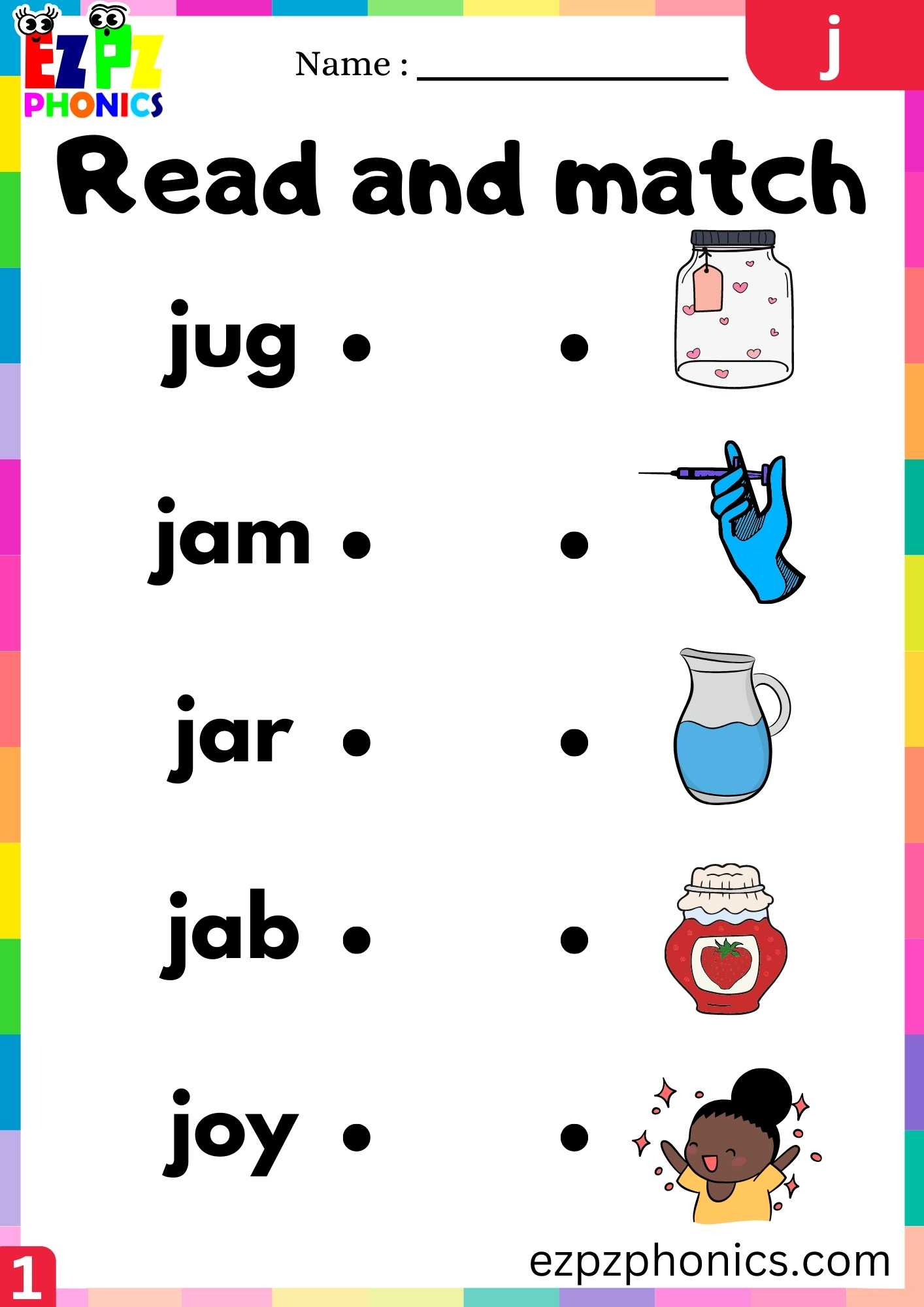 Letter J Read And Match Beginning Sounds Worksheet - ezpzphonics.com